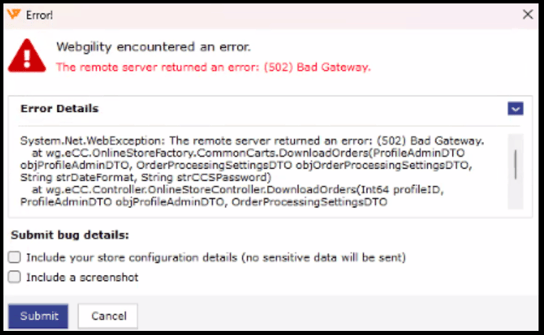 The remote server returned an error: (502) Bad Gateway in Webgility Desktop